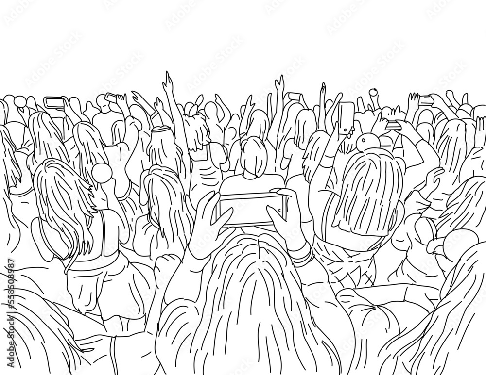 Line art drawing illustration of a large crowd of young people with ...