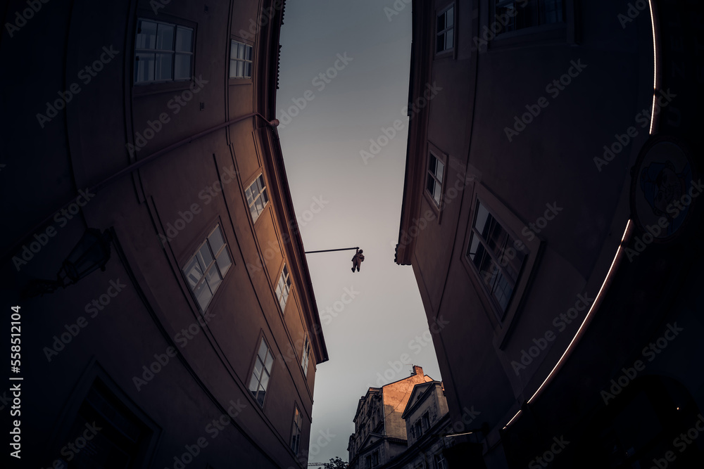 The Hanging Man. Sculpture depicting Sigmund Freud suspended by one ...