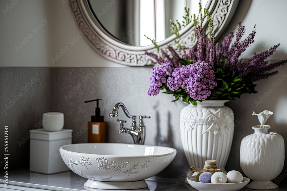 Vanity in the bathroom with a vessel sink, decorations, and flowers ...