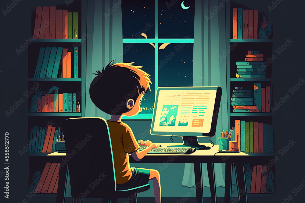 child learning online at night using desktop computer in living room at ...