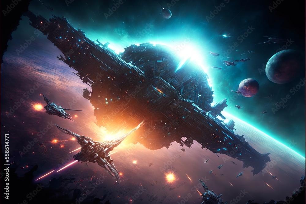 Mothership enter the space battle in sci-fi scenery background ...