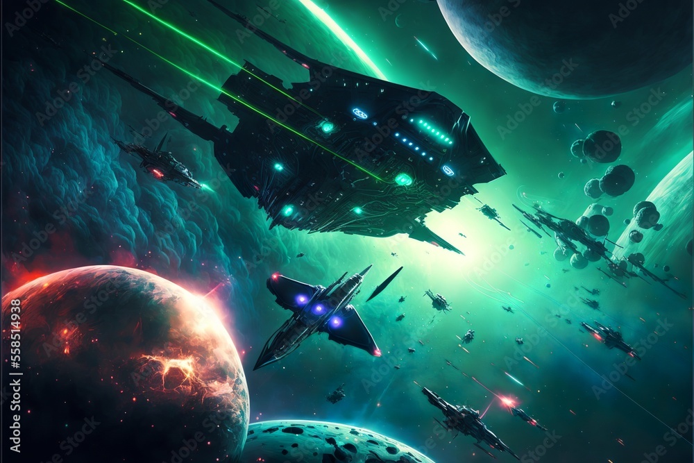 Sci-fi space battle scenery with capital ships and spaceships fighting ...