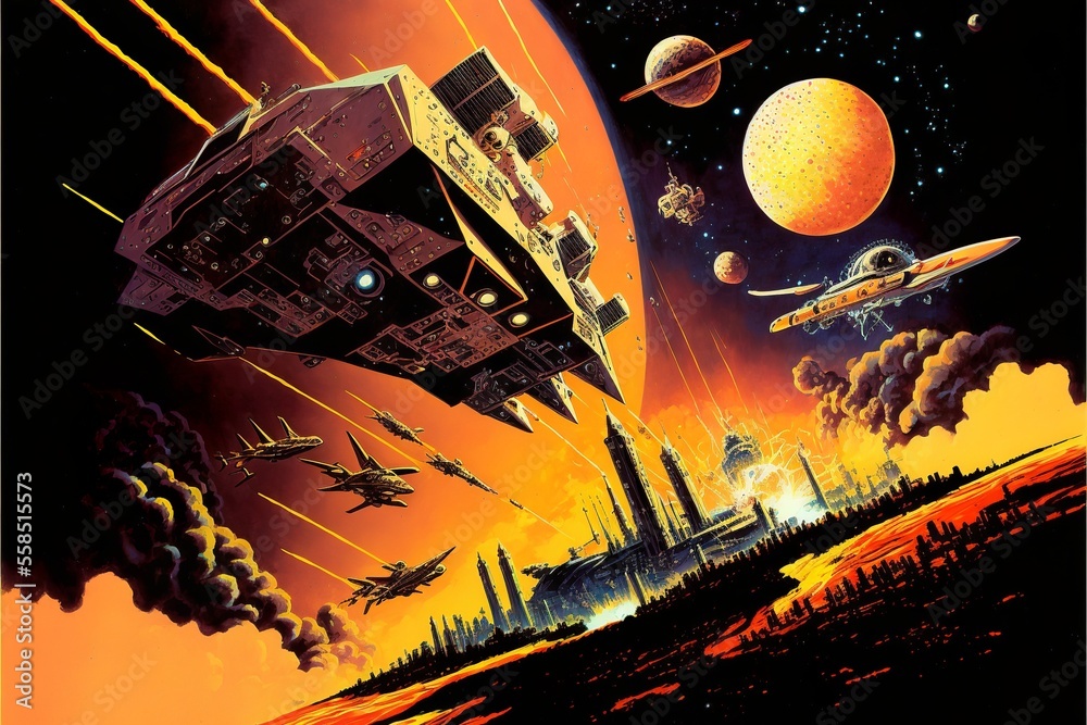 Retro sci-fi wallpaper with spaceships, planets and intergalactic ...