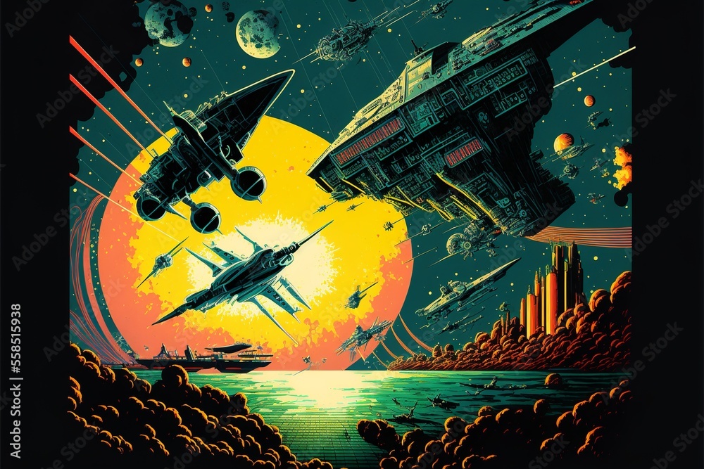 Retrofuturistic sci-fi battleships and starships in space fighting for ...