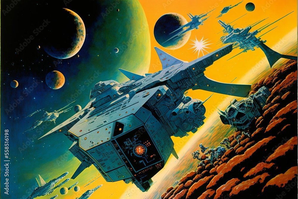 Retro sci-fi space fleet battle next to a solar system vintage ...