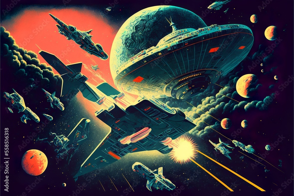 Poster Retro sci-fi space fleet battle next to a solar system vintage ...