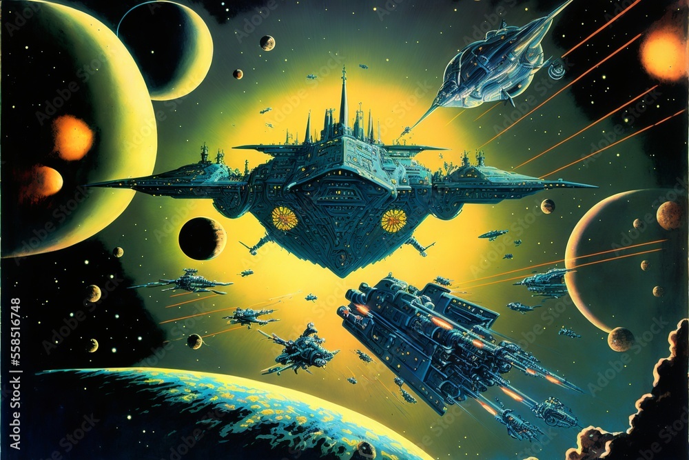 Retro sci-fi space capital ship fleet battle next to a solar system ...