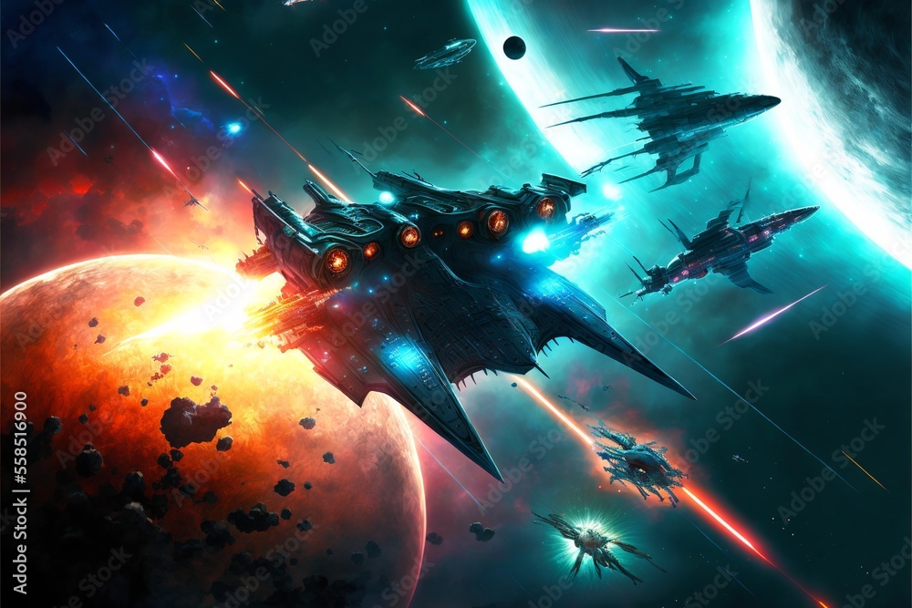 Retro sci-fi space fleet battle next to a solar system Stock ...