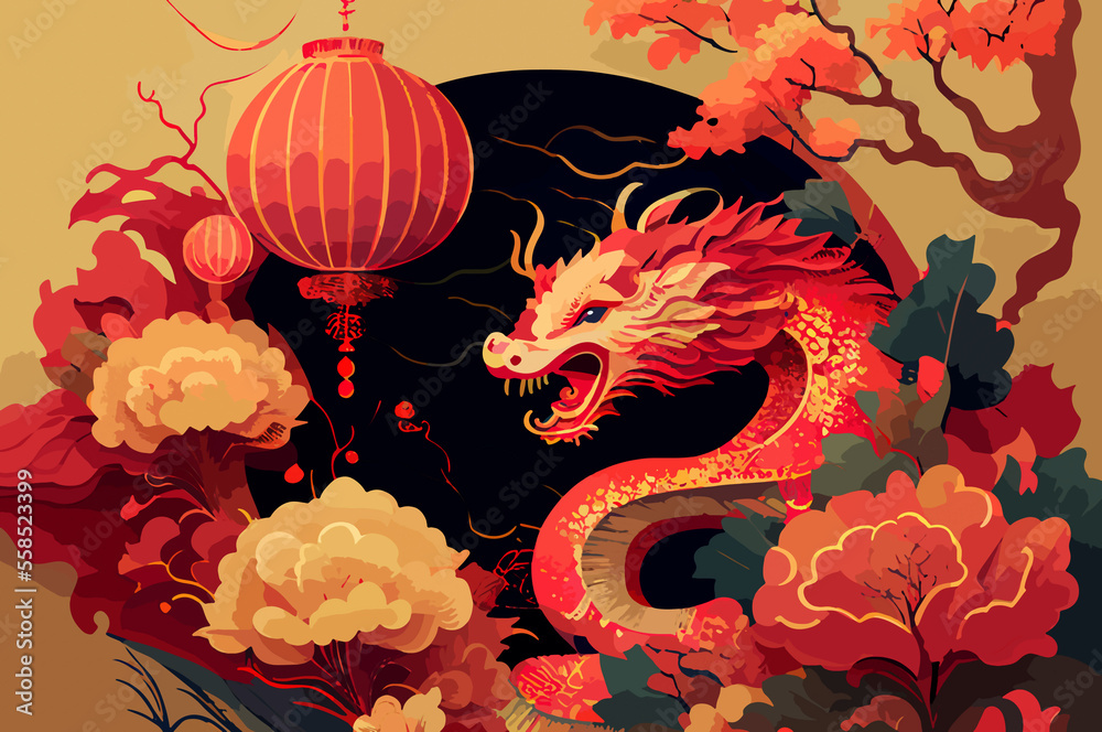 Chinese New Year 2023 zodiac animals card in red and gold colors. Stock ...