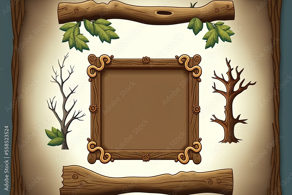 Cartoon design with borders and wooden frames. Brown wood planks ...