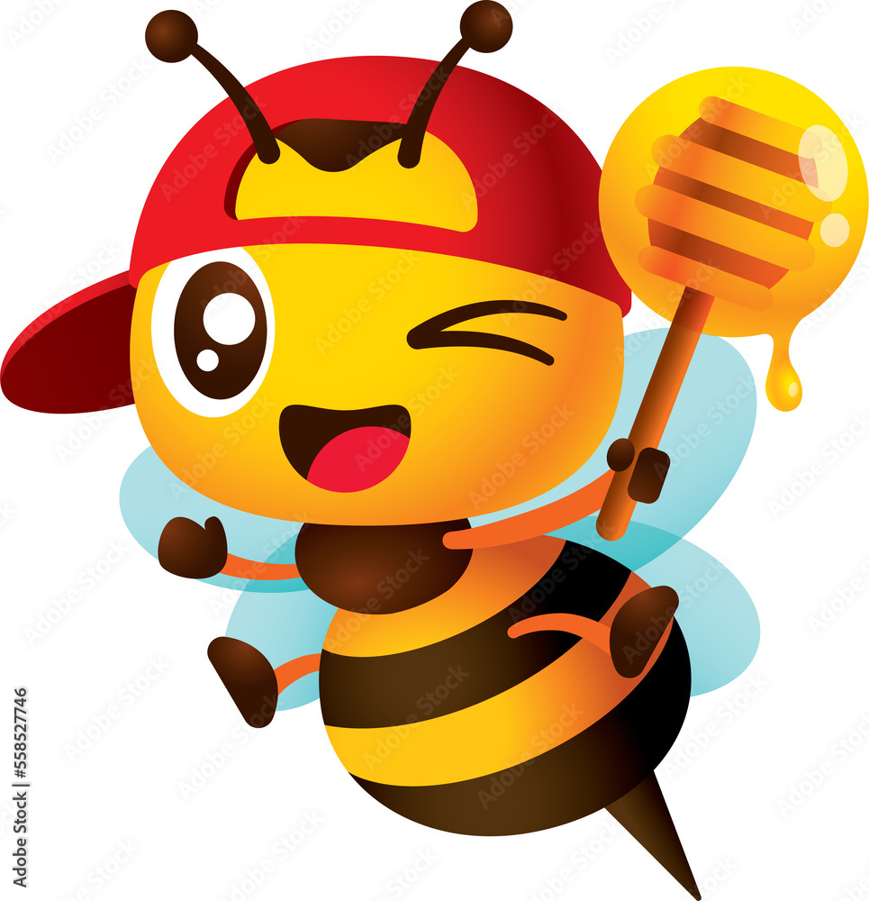 Cartoon cute bee wearing red snapback cap holding honey dipper with ...