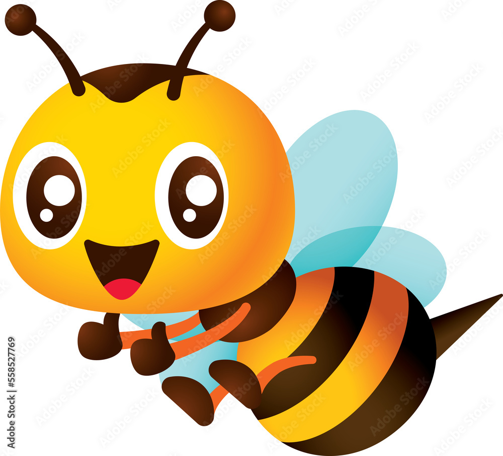 Cartoon cute bee flying with showing thumb up hands. Happy honey bee ...