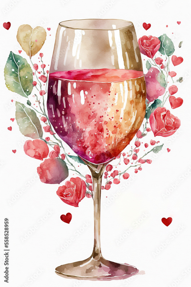 Watercolor pink wine glass with hearts and roses, card design for ...