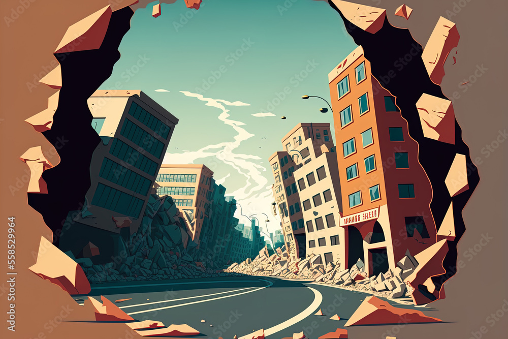 urban earthquake Cartoon natural catastrophe scene showing the earth ...