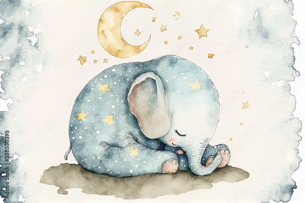 watercolor depiction of a cute baby elephant napping. Generative AI ...