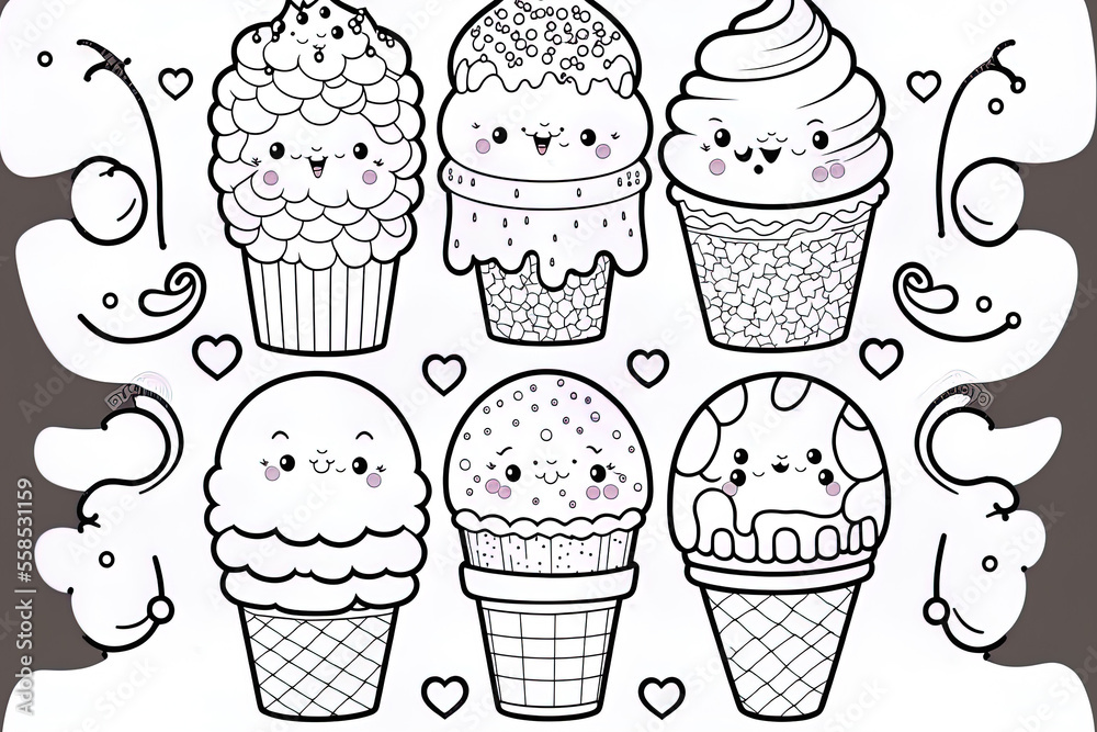 coloring sheet with adorable dessert images in kawaii style. Generative ...