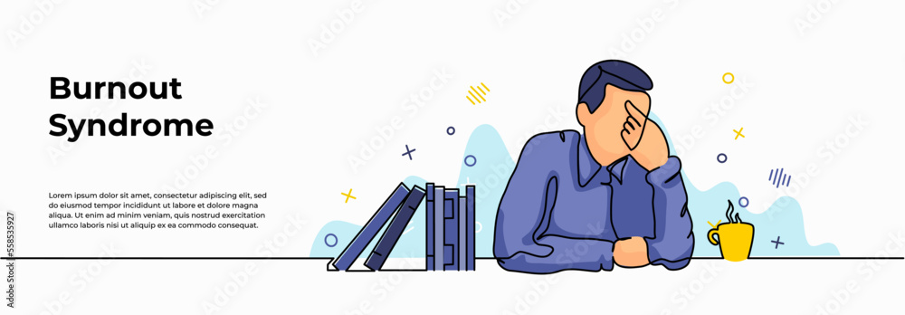 Burnout Syndrome web banner. Vector illustration of a man who is sad ...