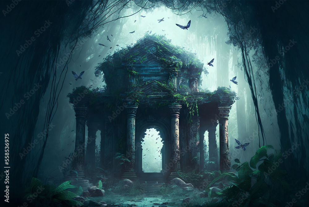 Fantasy forest ancient temple scene AI Generative Stock Illustration ...
