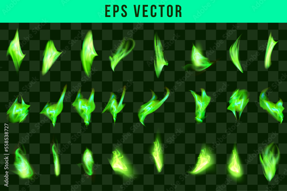 Magic green flame. Realistic fire isolated on black background. Special ...