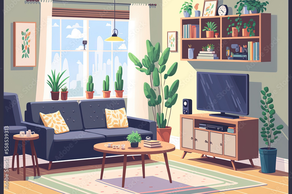 Spring themed living room with sofa, chair, bookcases, and television ...