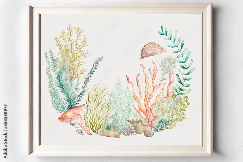 framed corner with shells algae, corals, jellyfish, and seahorses ...