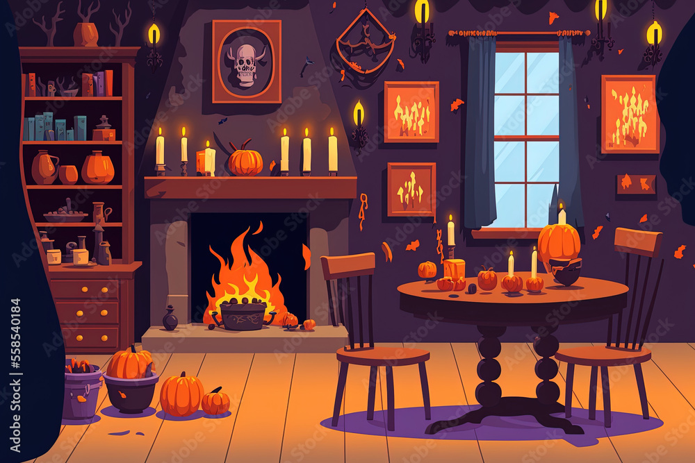 October interior. Cartoon image of a magic house party celebrating ...