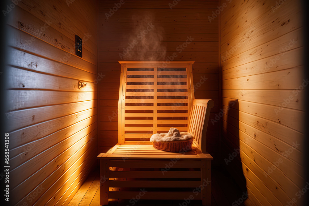 a seat in the sauna. Stone heater in an empty wooden steam chamber ...