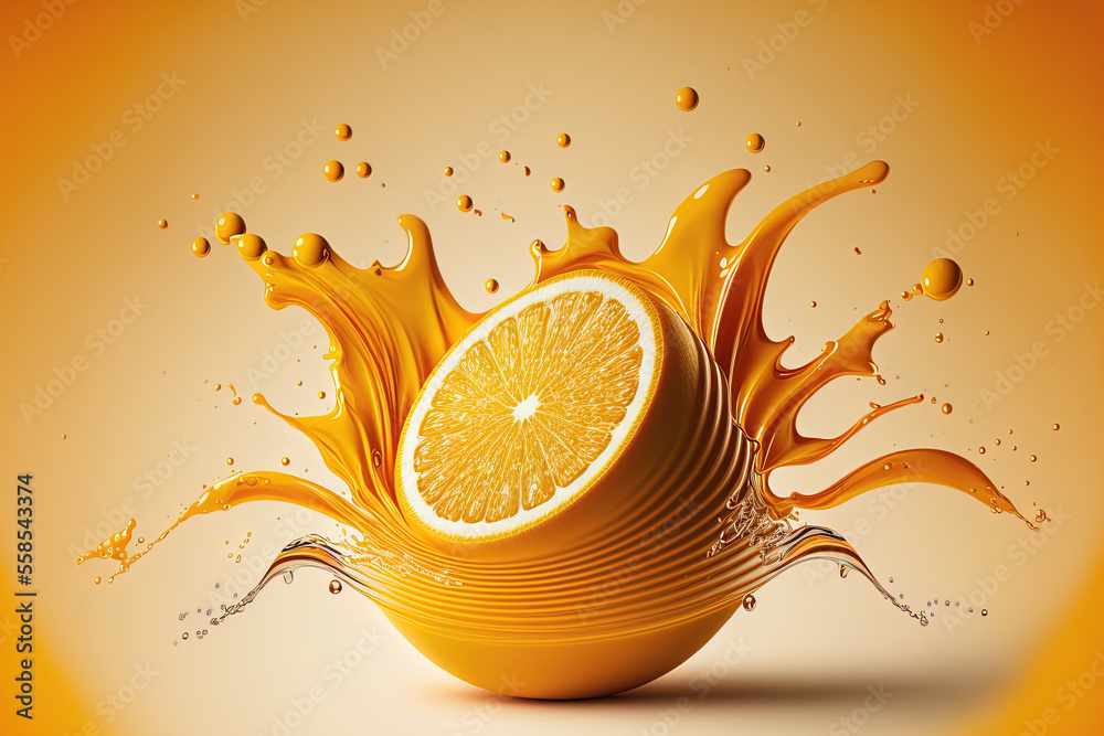 Orange fruit juice splash on a backdrop of yellow ringed ripples ...