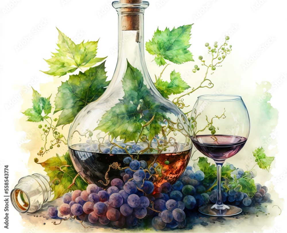 4K resolution or higher, watercolor still life grape vines and wine ...