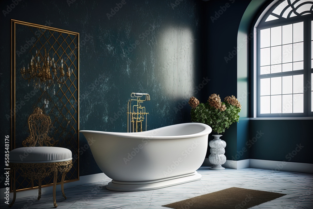 Interior design for an opulent modern bathroom with a white bathtub ...