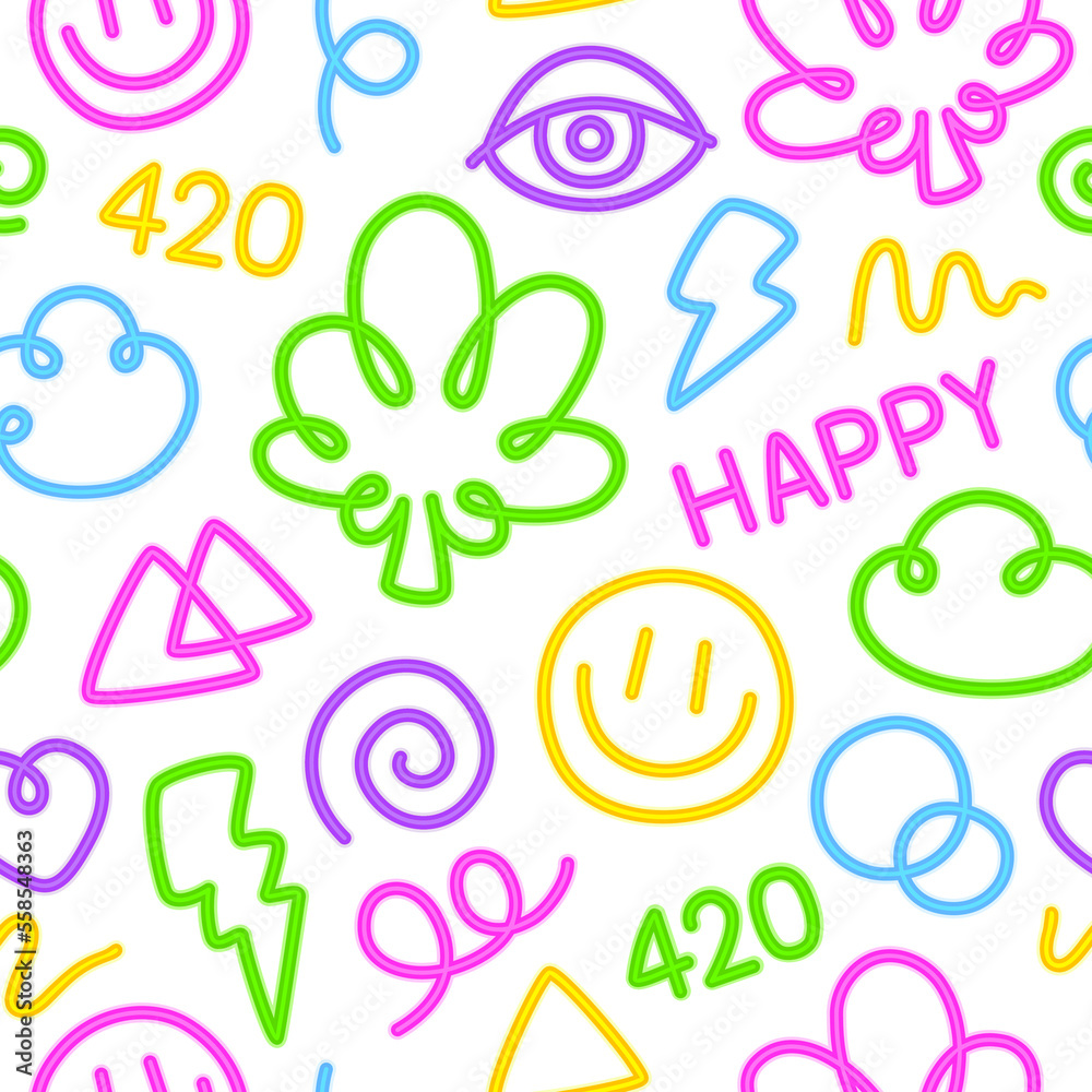 Colorful Neon Lights 420 Cartoon Doodle Seamless Pattern for Cannabis ...