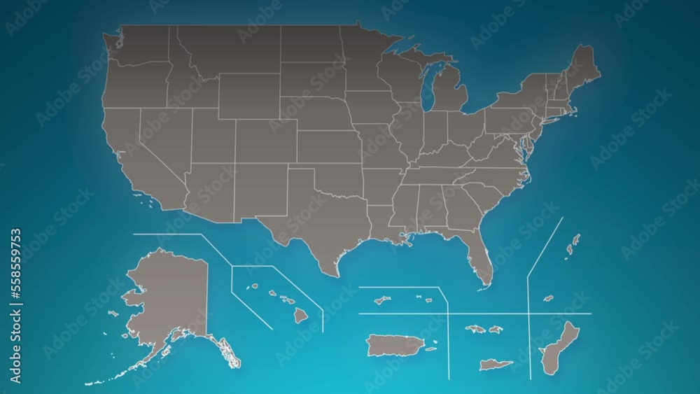 usa Territories country map with zoom in Realistic Clouds Fly Through ...