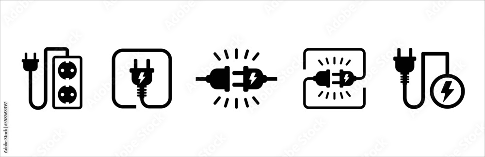 Electric power source socket icon set. Electricity wire cord sign ...