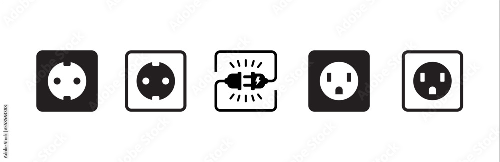 Electric power source socket icon set. Electricity wire cord sign ...