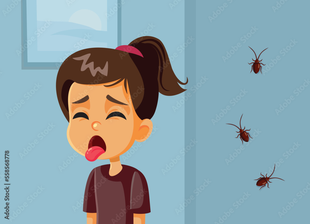 Poster Little Girl Feeling Disgusted by Cockroach infestation Vector ...