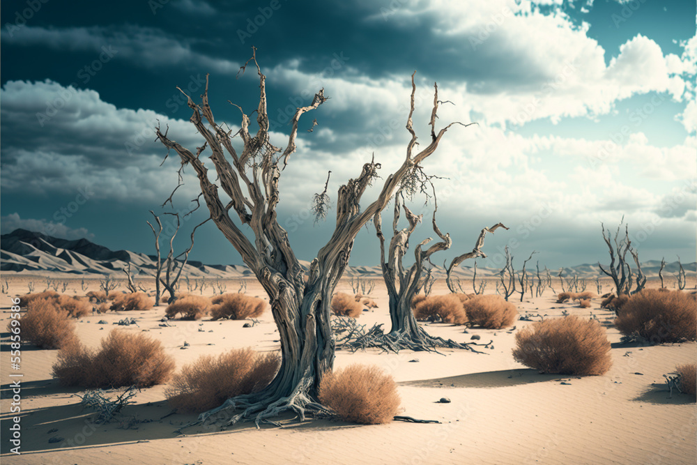 Trunks of dried dead trees with branches in middle of vast desert with ...