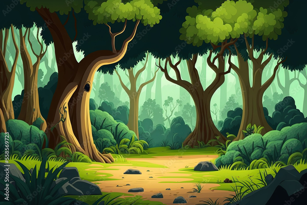 Cartoon backdrop of a woodland in the wild. Generative AI Stock ...
