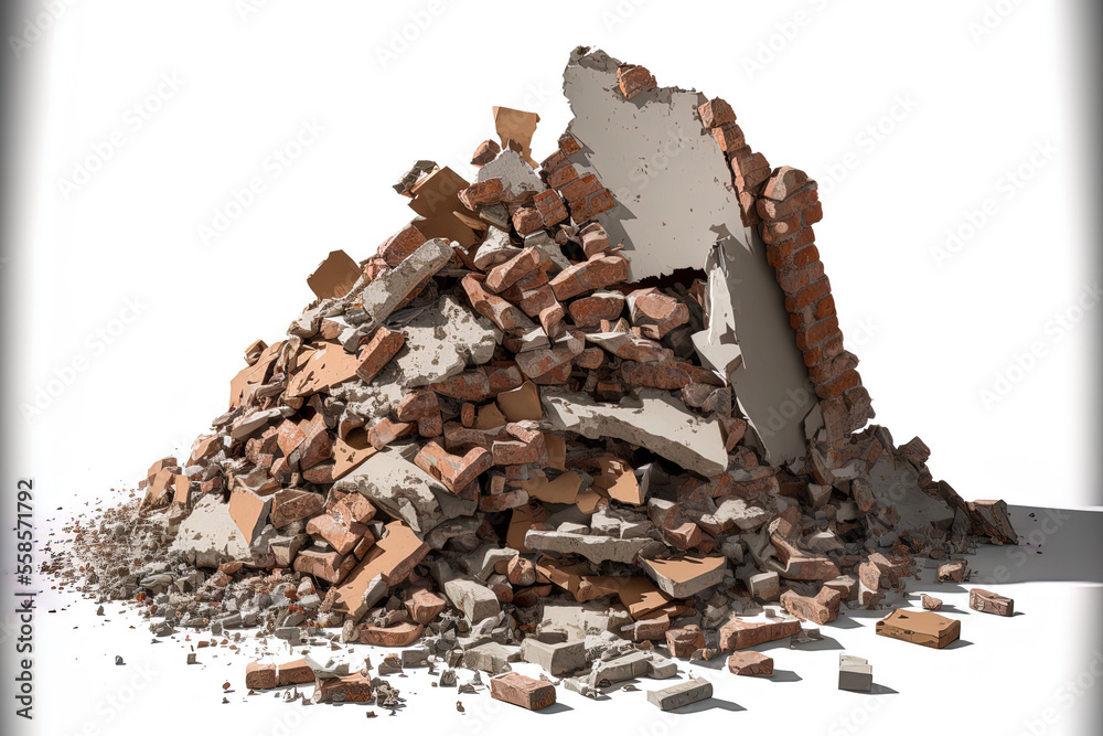 Brick building wall damaged construction debris pile of rubble ruin ...