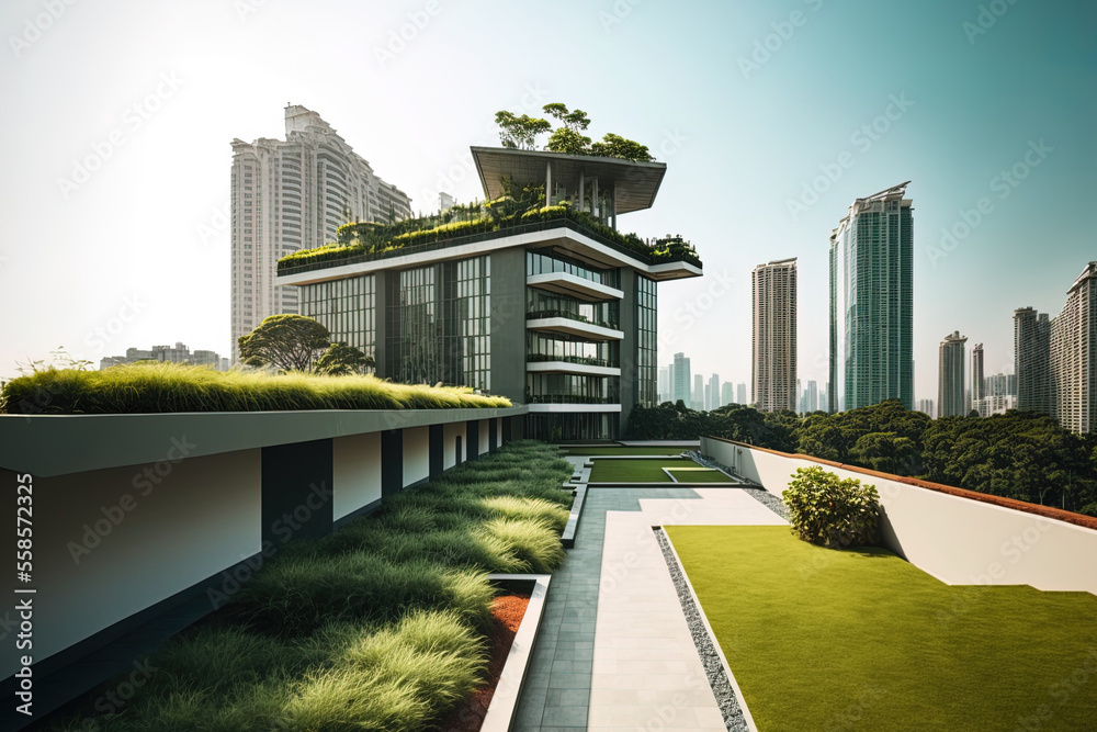 Sky garden on a private rooftop of a condo or hotel, a high rise ...