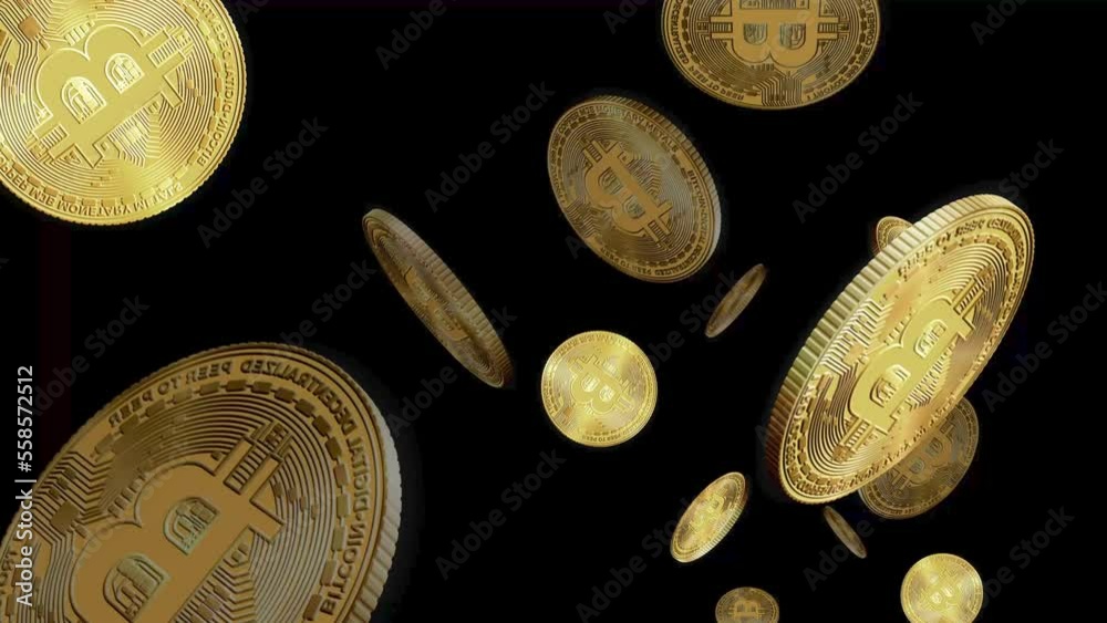 Vidéo Stock Bitcoins are falling on a black background with a depth of ...