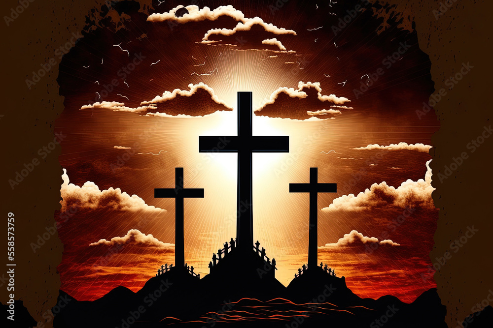 The crimson sky, clouds, and brilliant rays in the background are ...