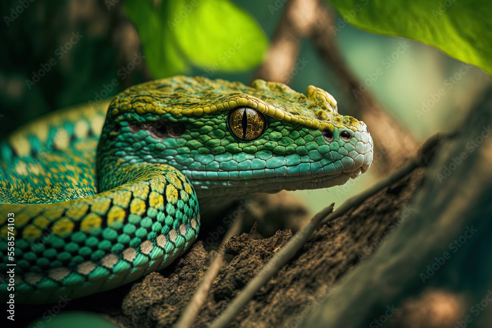 Close up of a mangrove pit viper snake's head and an animal. Generative ...