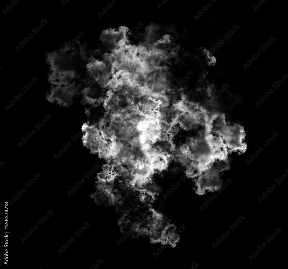 Abstract white puffs of smoke swirls overlay on black background ...