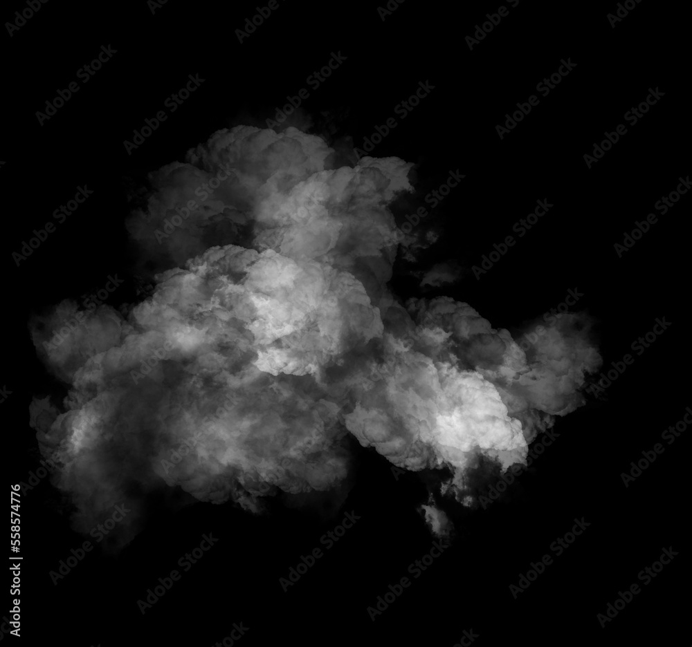 Abstract white puffs of smoke swirls overlay on black background ...