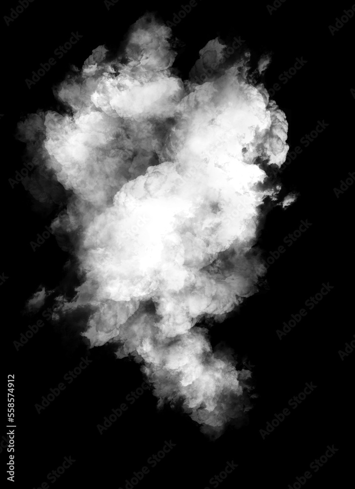 Abstract white puffs of smoke swirls overlay on black background ...