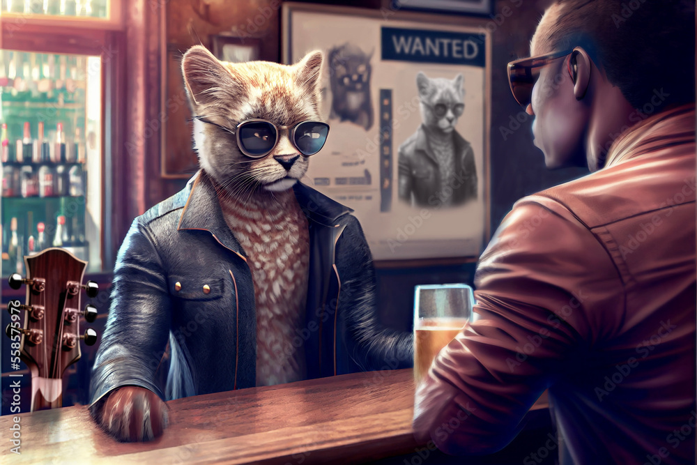 cool bandit cat musician guitarist man in a beer bar at the bartender's ...