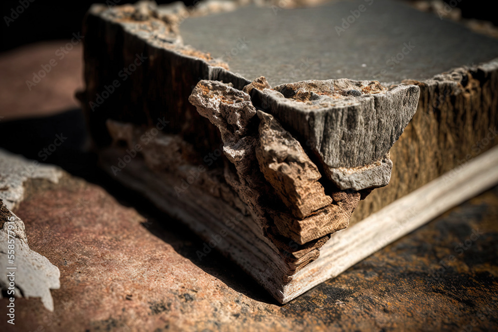 A broken edge of a piece of rock revealing a weathered top section for ...