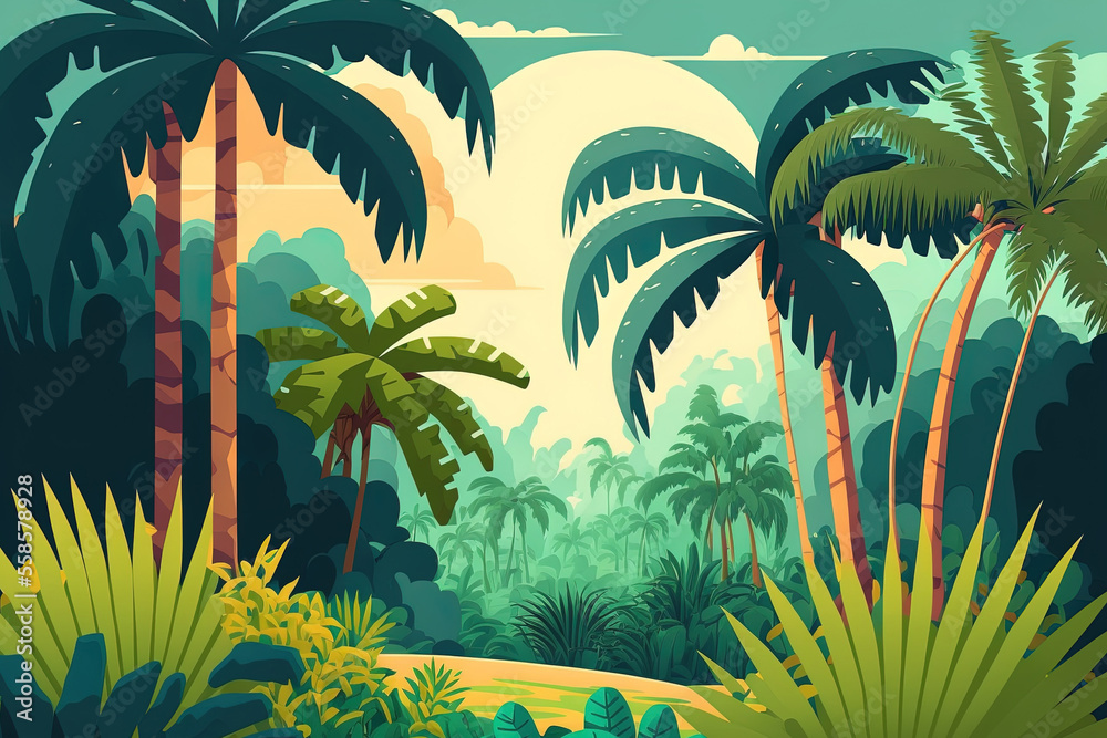 tropical jungle setting. bushes, trees, and palms. cloudy and sunny sky ...