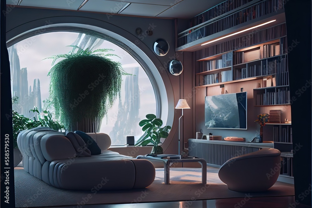 Generative AI illustration of comfy living room from the year 2050 ...