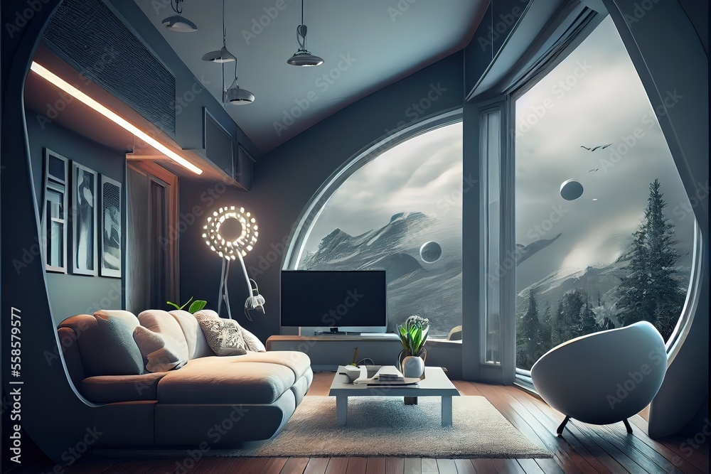 Generative AI illustration of comfy living room from the year 2050 ...